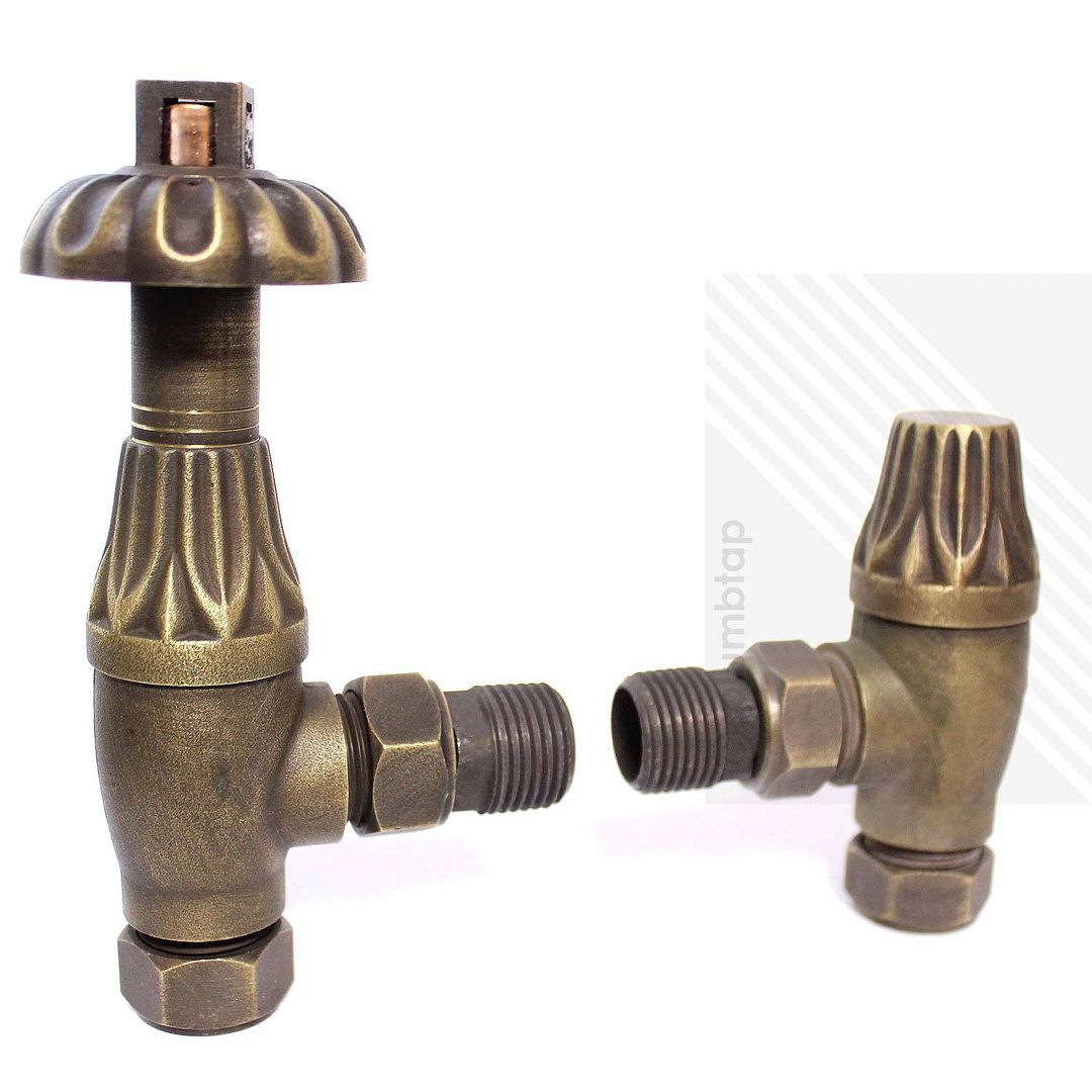 TRADITIONAL ANTIQUE BRASS Victorian Thermostatic Angled Radiator Valve ...